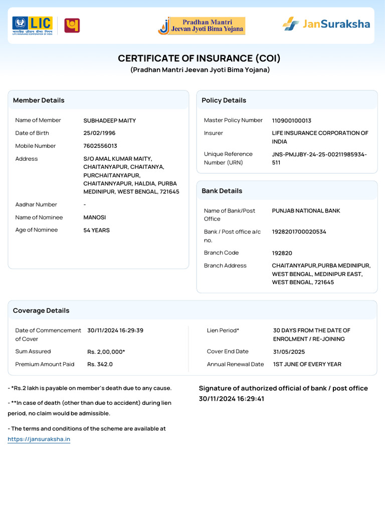 Certificate of Insurance (Coi) : (Pradhan Mantri Jeevan Jyoti Bima Yojana) | PDF | Life ...