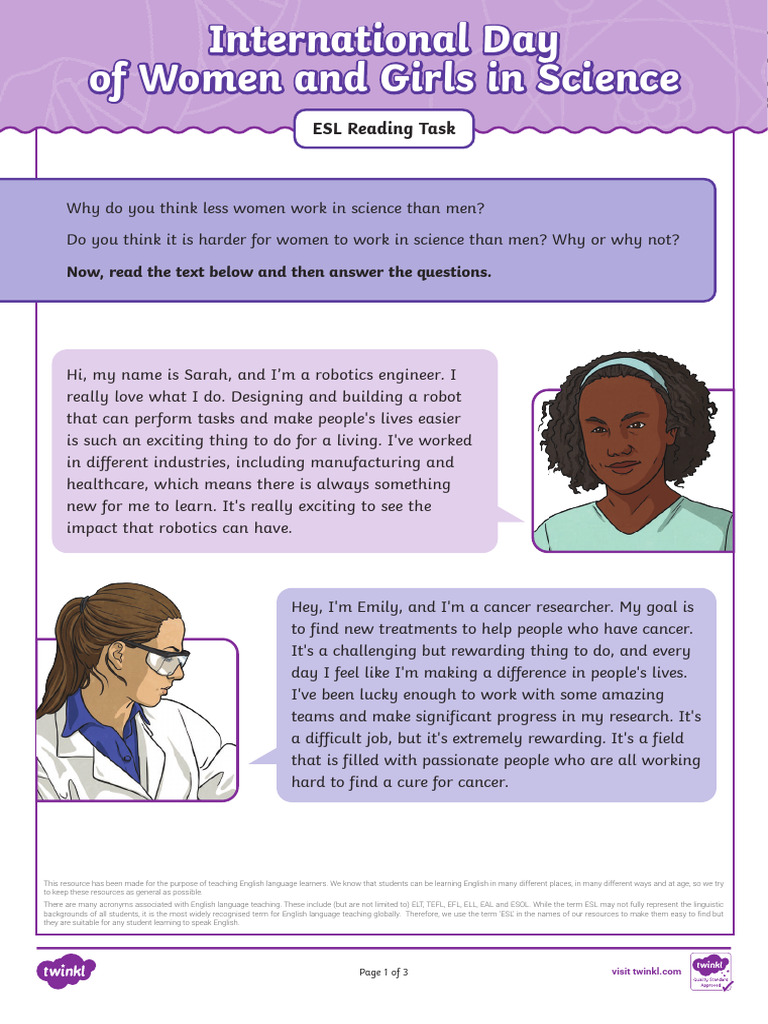 Women in Science: ESL Reading Task | PDF | English As A Second Or ...