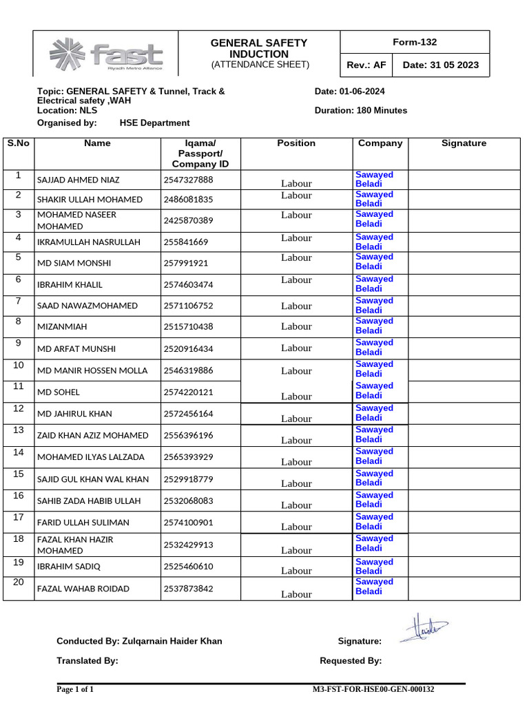 Form-132-Safety Induction Attendance Sheet - 02 | PDF
