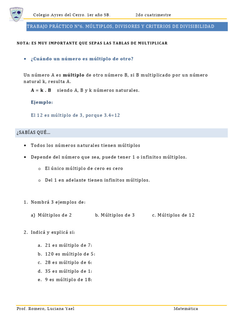 Múltiplos y Divisores: Guía Práctica | PDF | Matemáticas | Matemáticas ...