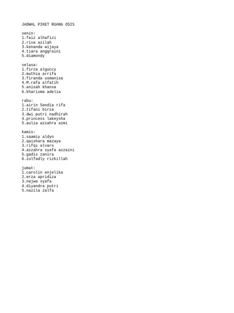 Jadwal Piket Ruang Osis | PDF