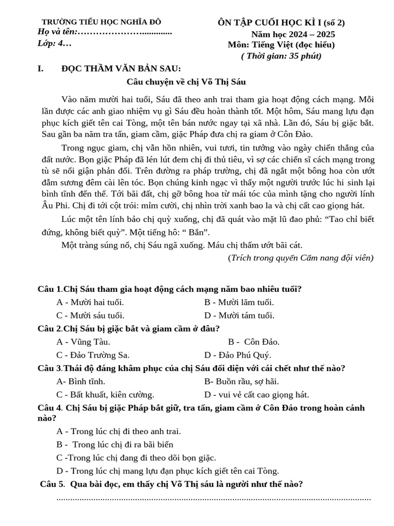 4A3 - Tiếng việt cuối kỳ 1 | PDF
