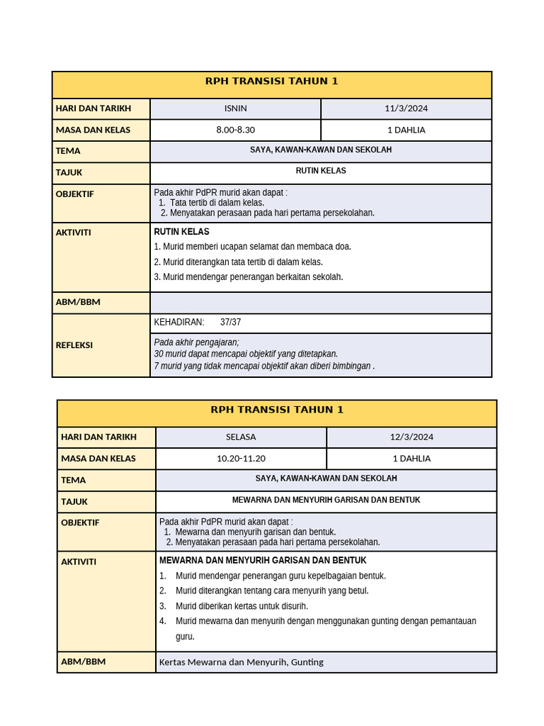 Contoh RPH Minggu Transisi | PDF
