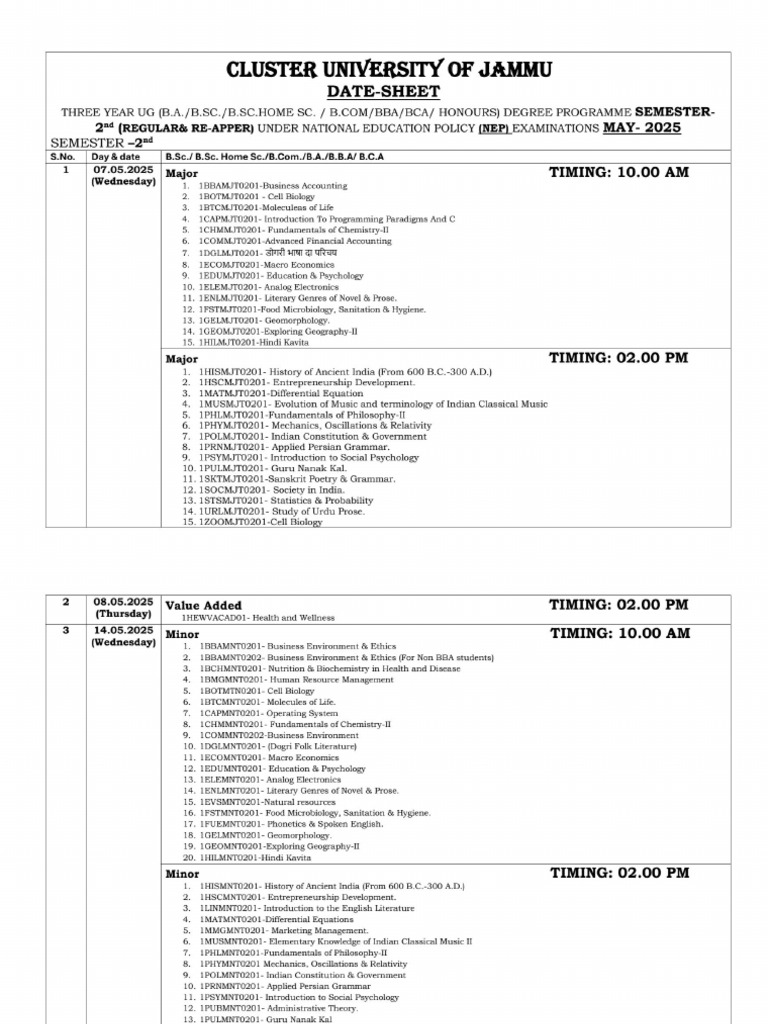 Date Sheet of 2nd Semester NEP 2025 Regular & Reappear | PDF