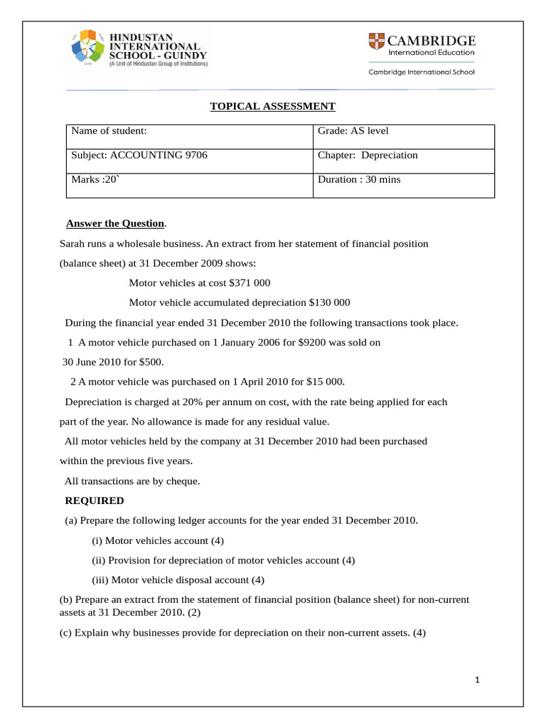 AS Level Accounting: Depreciation Assessment | PDF