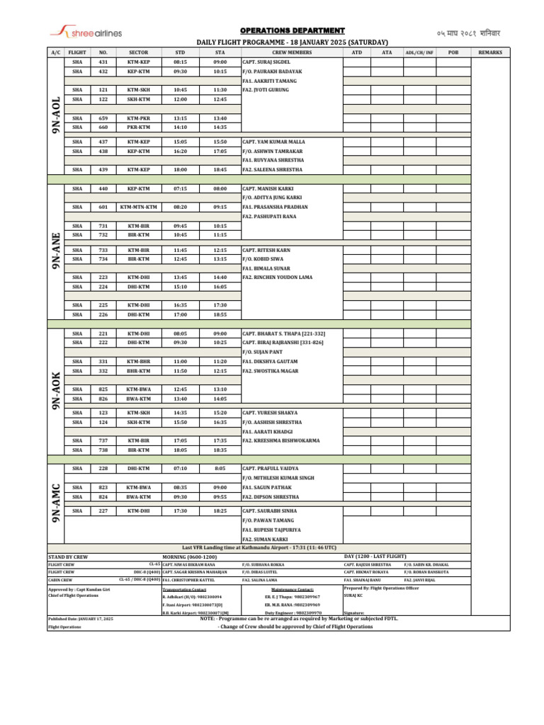 Daily Flight Schedule - January 18, 2025 | PDF