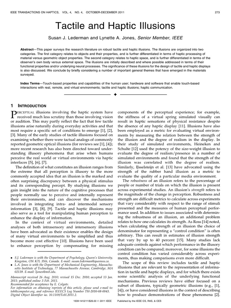 Lederman Jones 2011 Tactile and Haptic Illusions | PDF | Perception ...