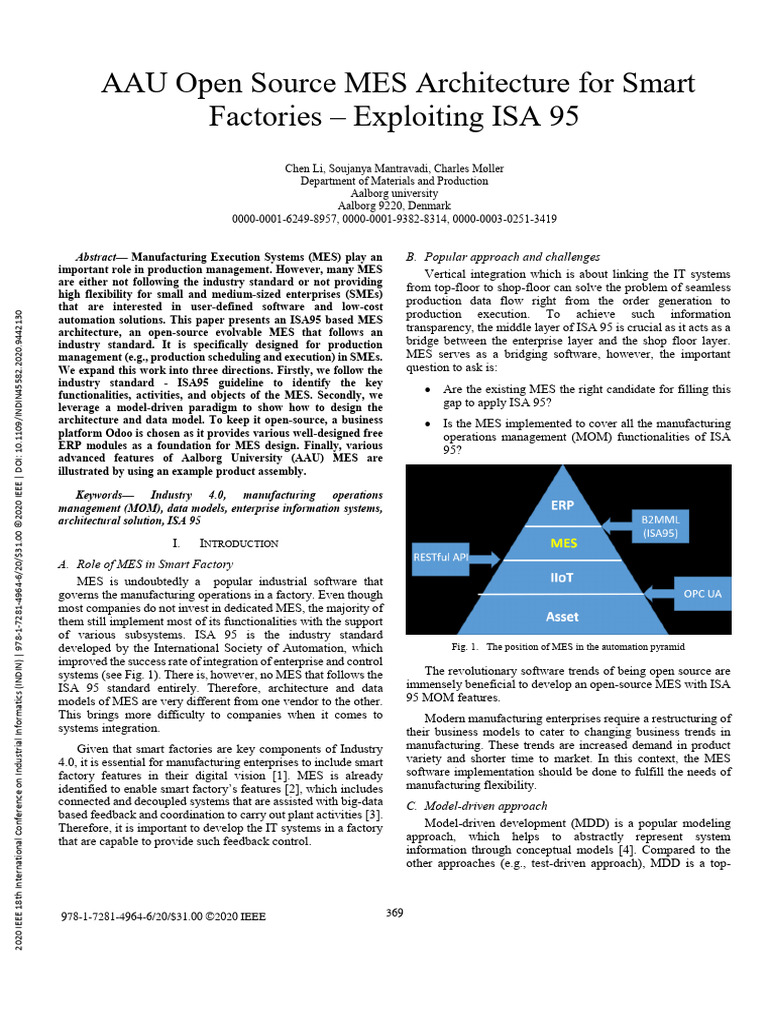 AAU Open Source MES Architecture For Smart Factories Exploiting ISA 95 | PDF | Databases | System