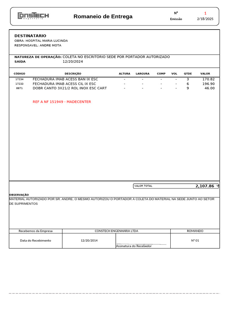 Formulario de Romaneio em Excel | PDF