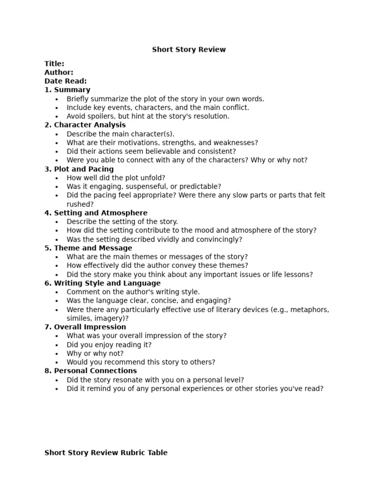 Short Story Review Template | PDF | Cognition | Human Communication