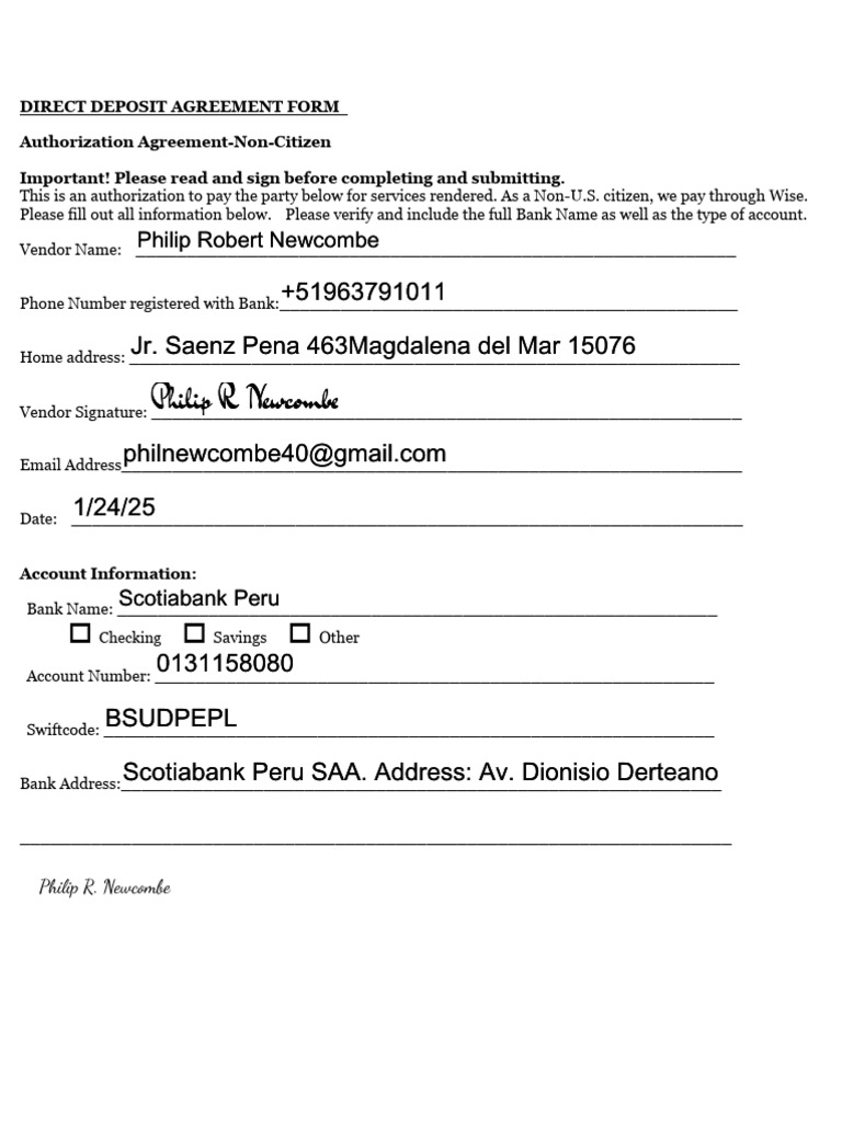 Direct Deposit Form 10-23 Foreign | PDF