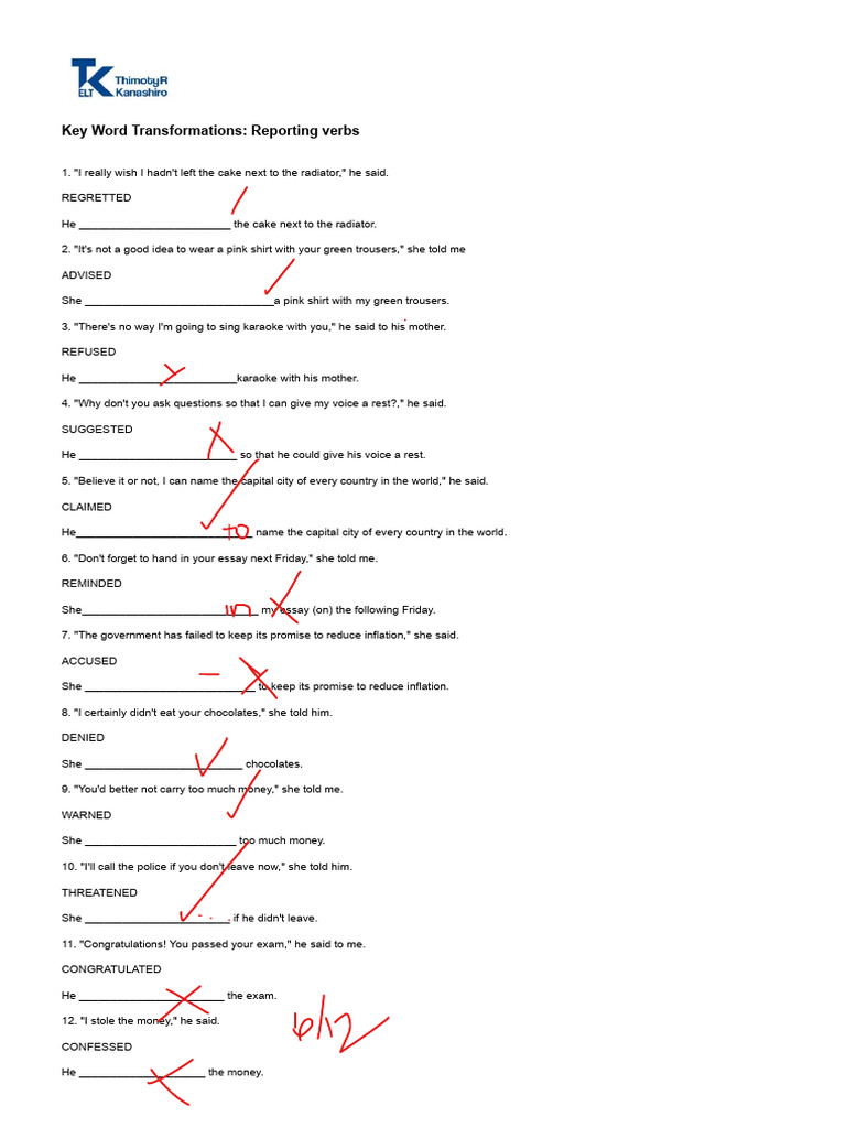 C1 Key Word Transformations - Reporting Verbs | PDF