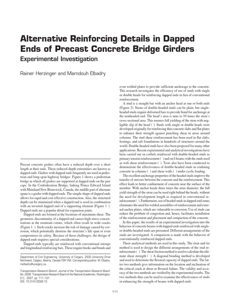 Alternative Reinforcing Details in Dapped Ends of Precast Concrete ...