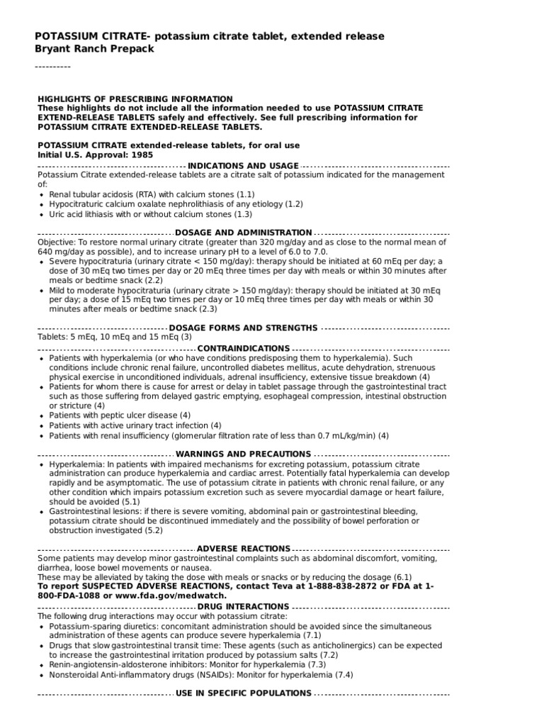 POTASSIUM CITRATE- potassium citrate tablet, extended release Bryant ...