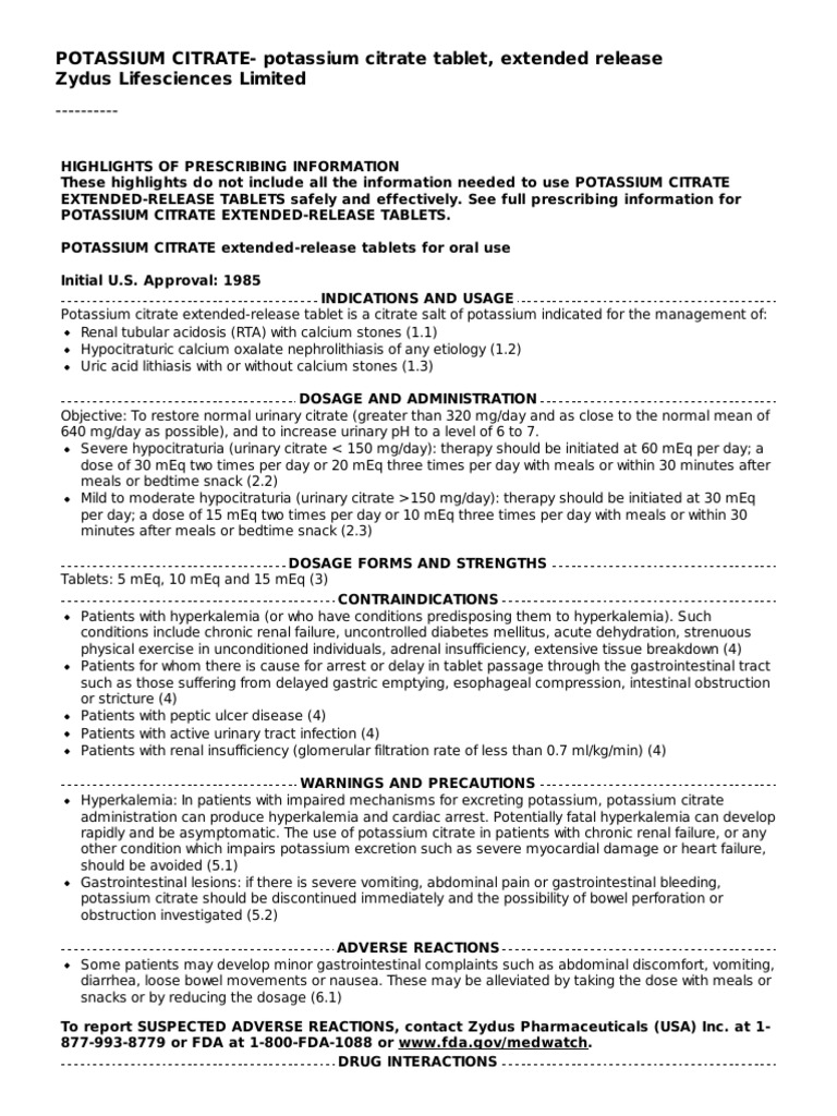 POTASSIUM CITRATE- potassium citrate tablet, extended release Zydus ...