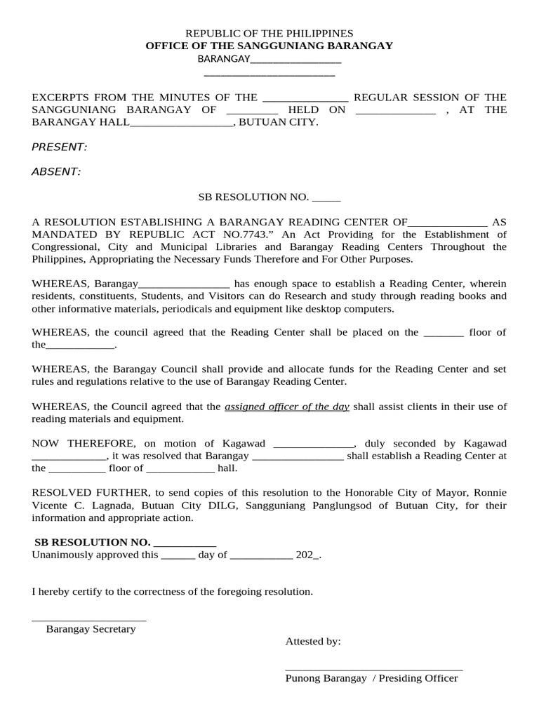 Sb Resolution for the Establishment of the Barangay Reading Center | PDF