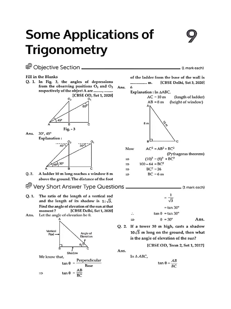 10th Maths Ch9 Applications of Trigonometry Important Questions | PDF