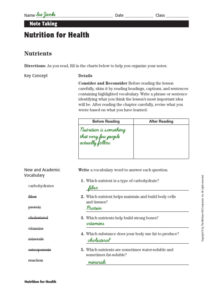 Lea Janke - Note Taking Worksheet | PDF | Nutrients | Nutrition