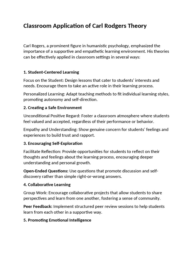 Classroom Application of Carl Rodgers Theory | PDF | Learning | Teachers