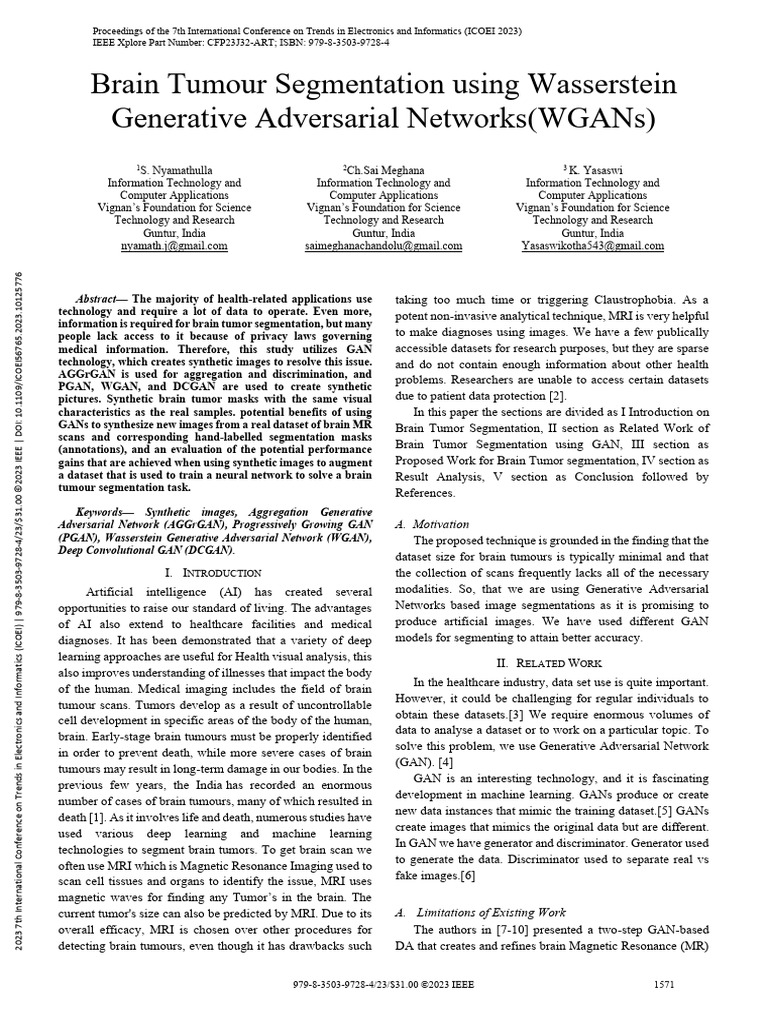 Brain Tumour Segmentation Using Wasserstein Generative Adversarial NetworksWGANs | PDF | Image ...