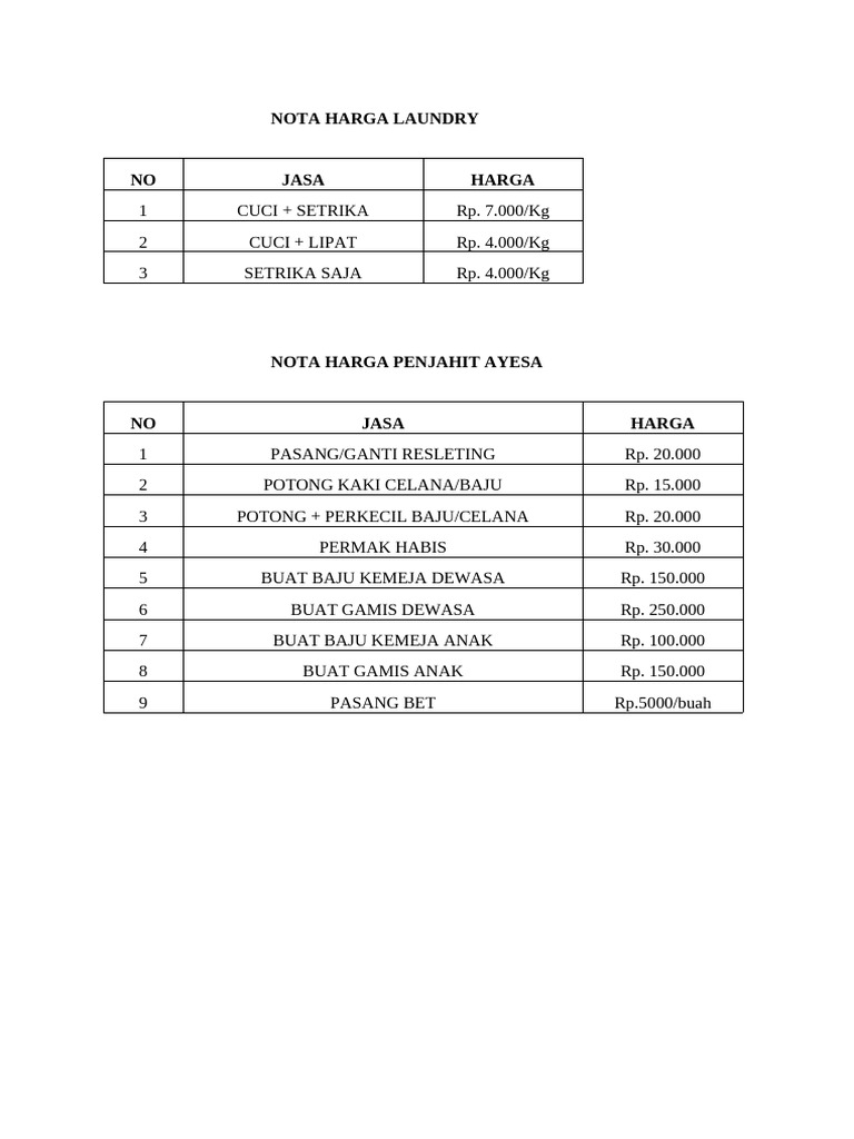Nota Harga Laundry | PDF