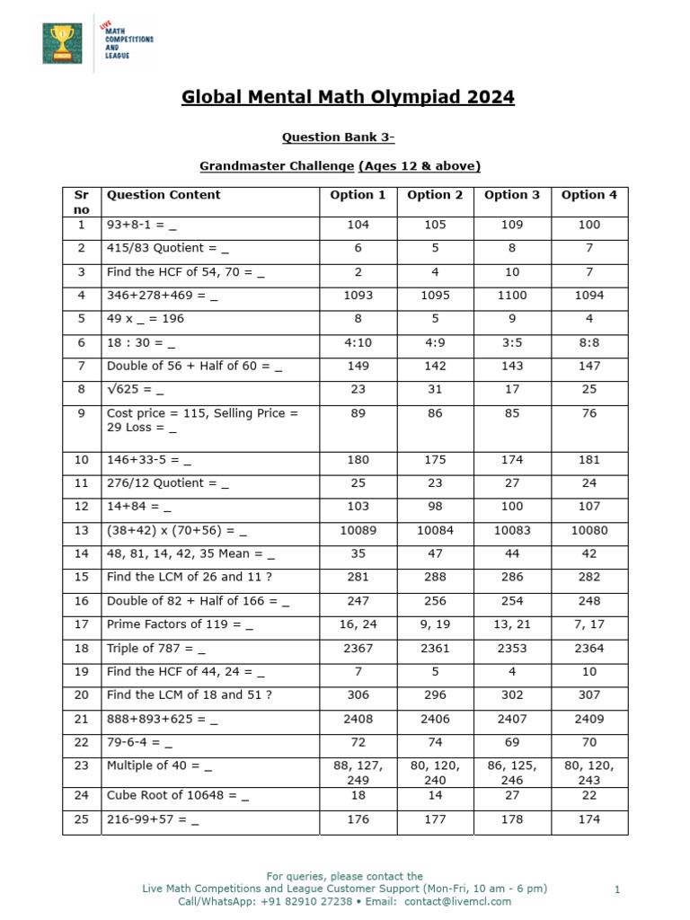 Global Mental Math Olympiad 2024 Questions | PDF | Mathematics ...