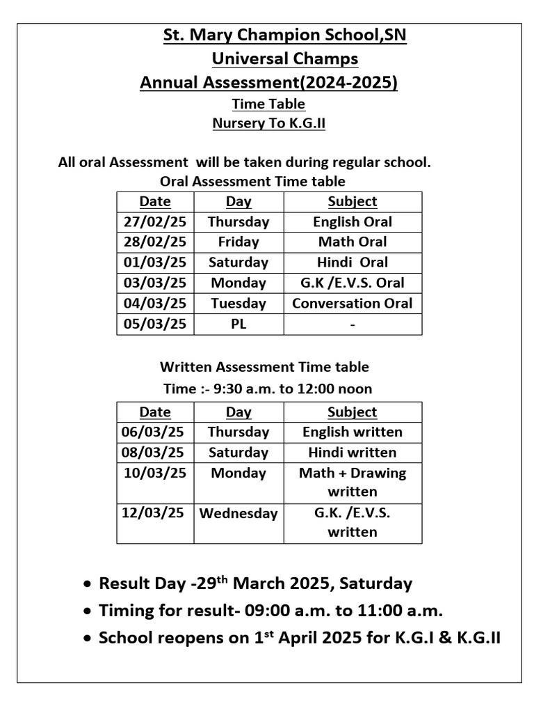 Annual Assessment Time Table Pre Primary 2024-2025 | PDF