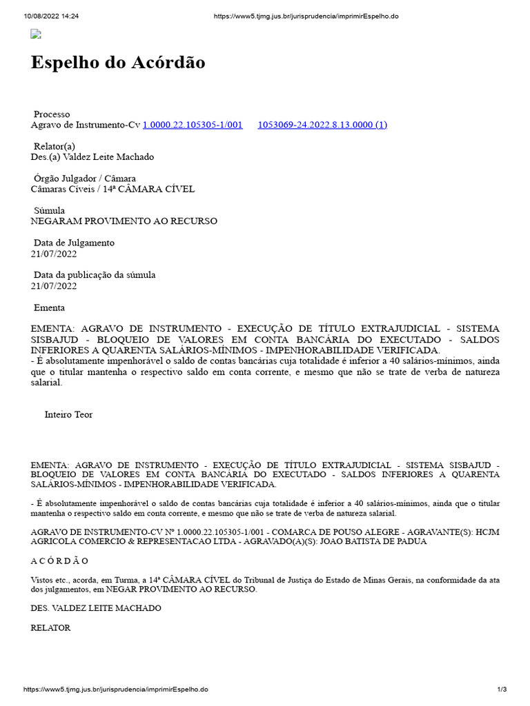 Impenhorabilidade de Valores em Conta | PDF | Sentença (jurídico ...