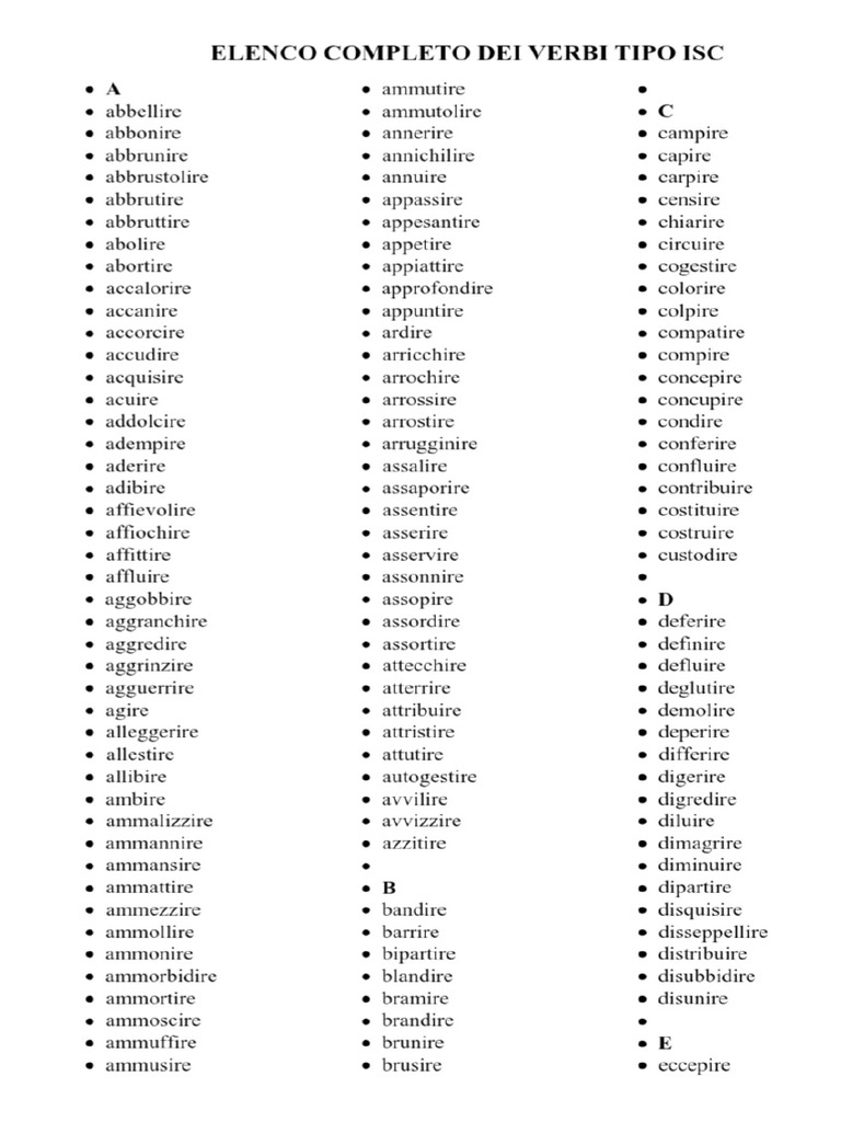 Elenco Completo Dei Verbi Tipo Isc (1) | PDF