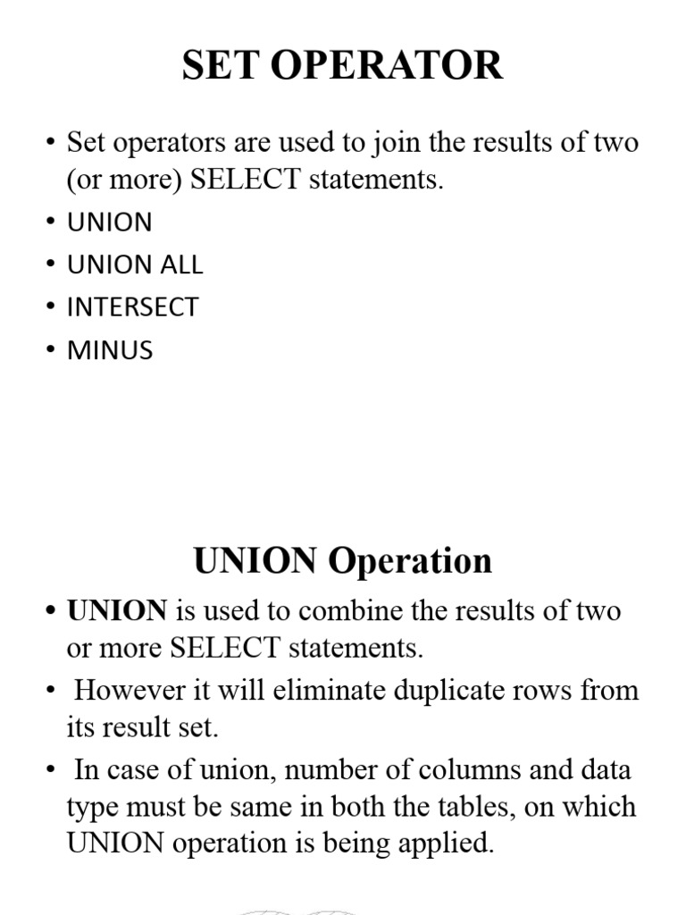 SET OPERATOR AND DCL.pptx | PDF | Table (Database) | Data Management
