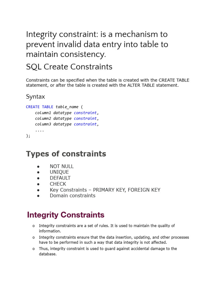Constraints in DBMS.docx | PDF | Relational Database | Computer Programming