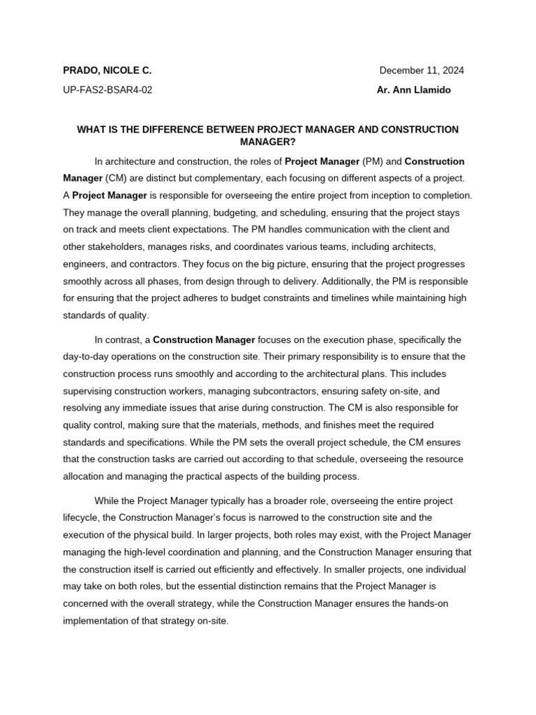 Project Manager vs. Construction Manager | PDF | Construction Management | Project Manager