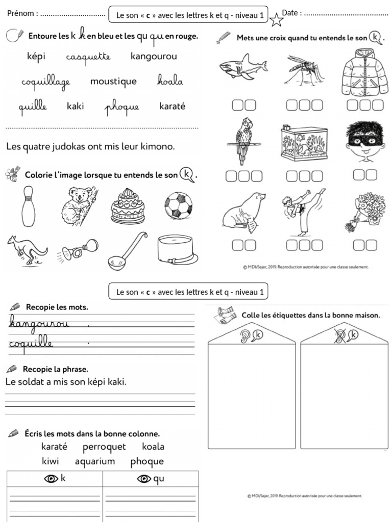 Exercices sur le son « c » avec k et q | PDF