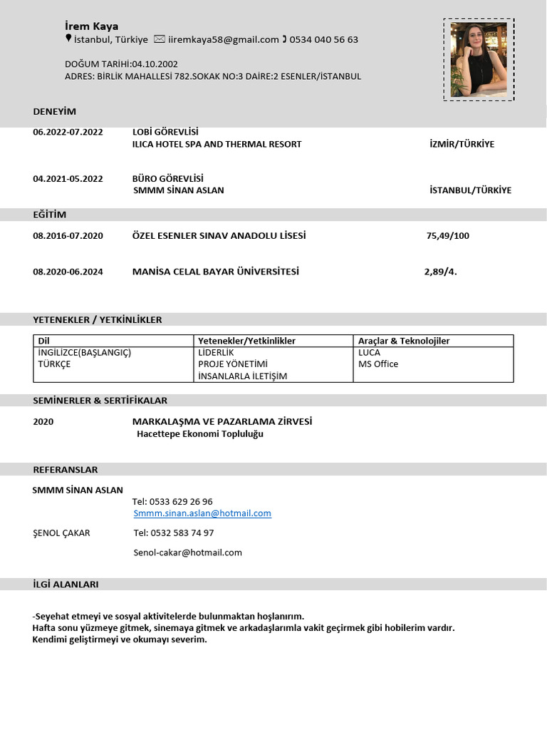 İrem Kaya: Stanbul, 0534 040 56 63 | PDF