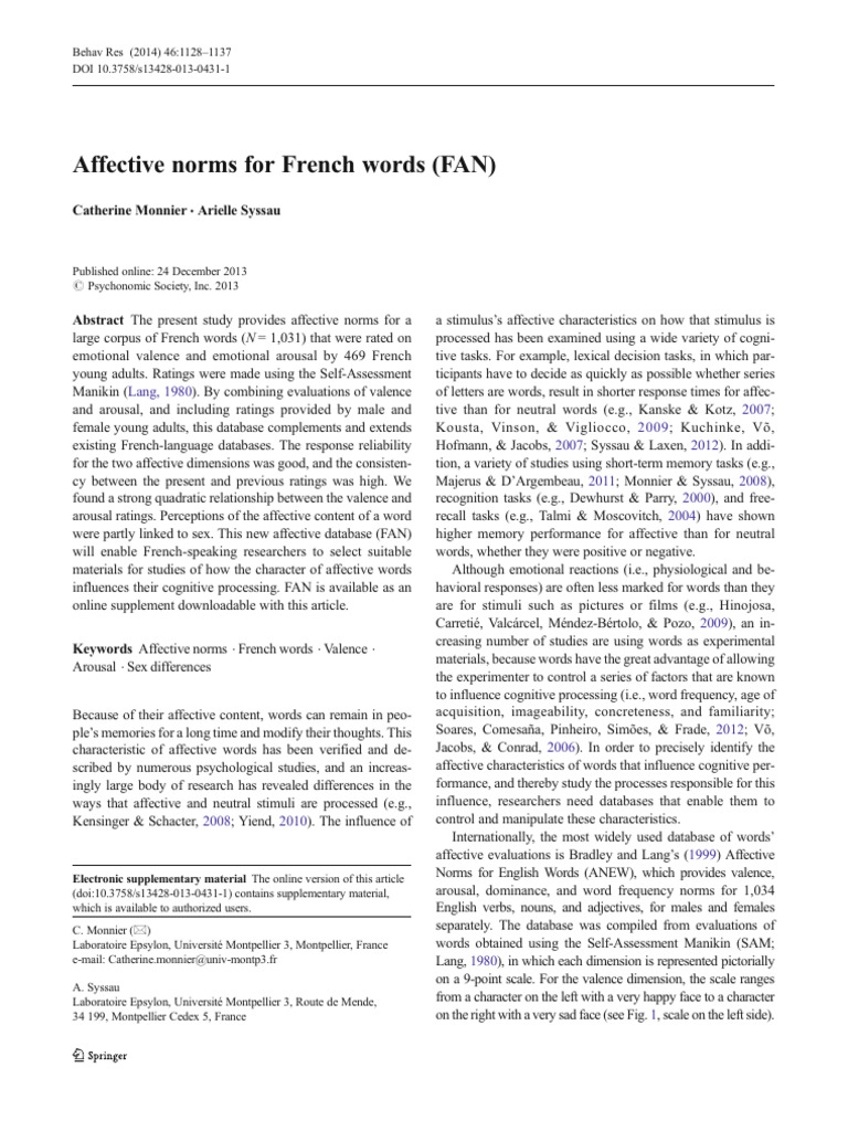 Affective Norms For French Words (FAN) | PDF | Affect (Psychology ...