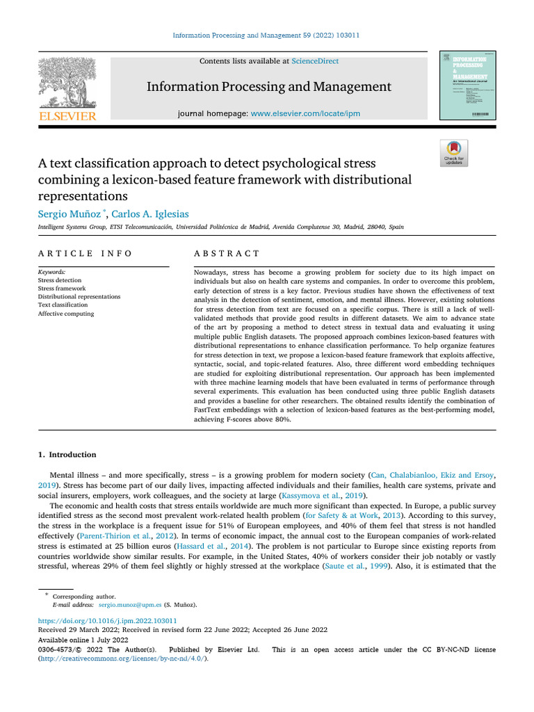 A Text Classification Approach To Detect Psychological Stress | PDF | Glove | Machine Learning