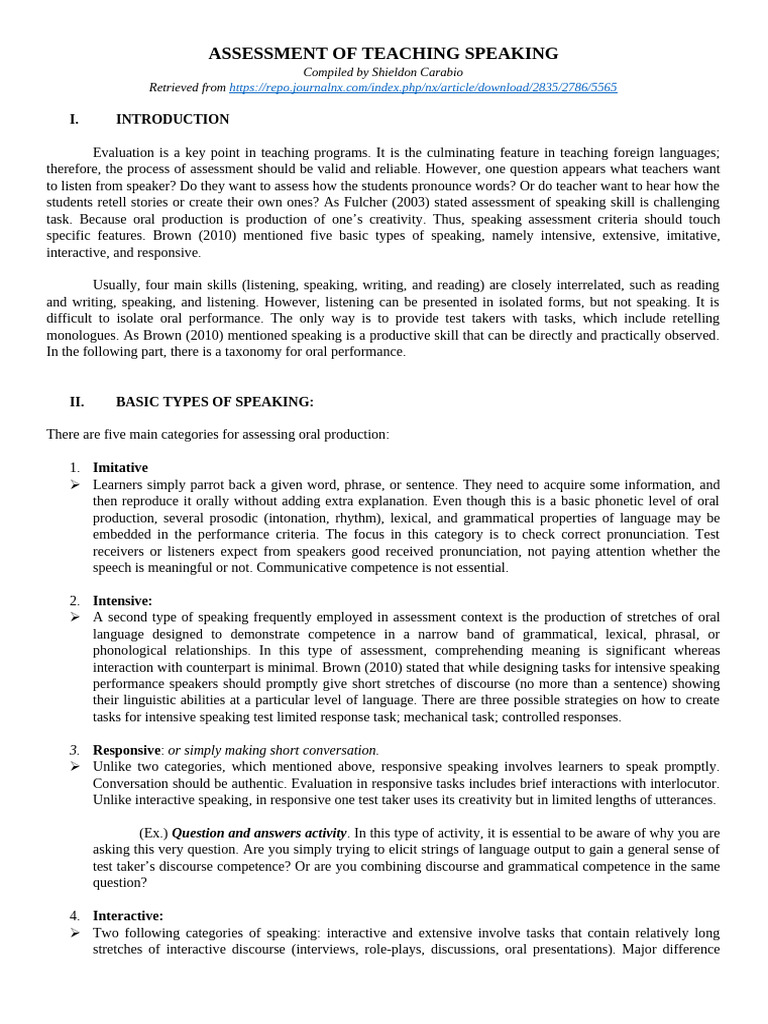 Effective Assessment of Speaking Skills | PDF | Vocabulary | Question