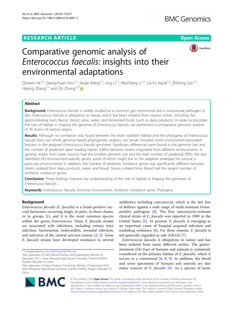 Comparative Genomic Analysis Of Enterococcus Faecalis Insights Into