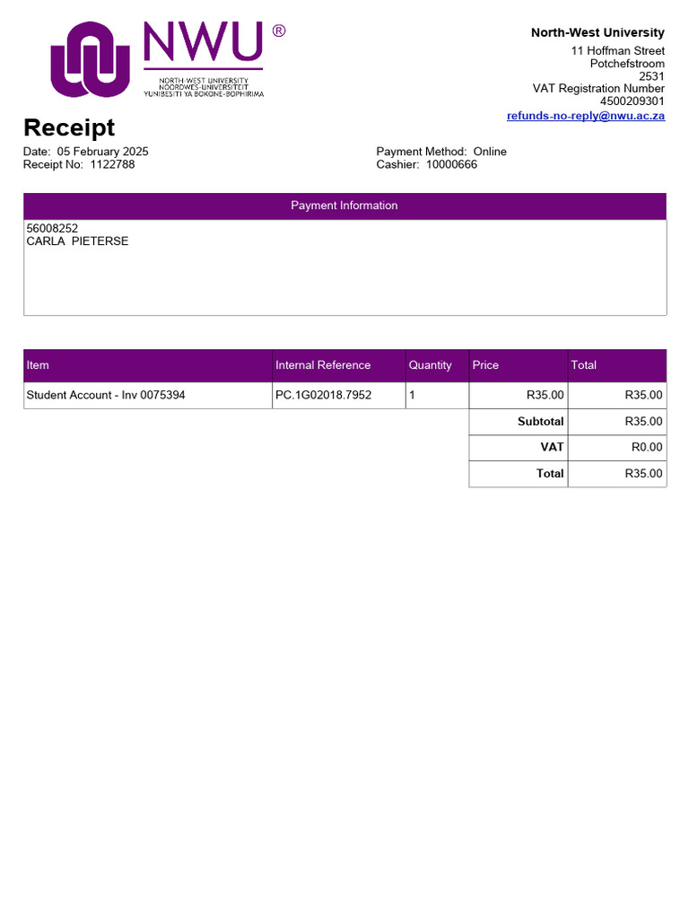 NWU Payment Receipt February 2025 | PDF
