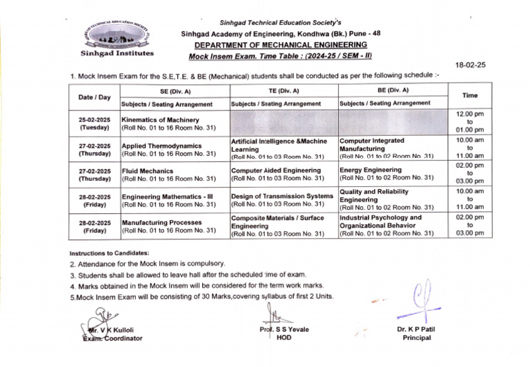 Mock Insem Time Table2024 25 SEM II | PDF | Engineering | Science