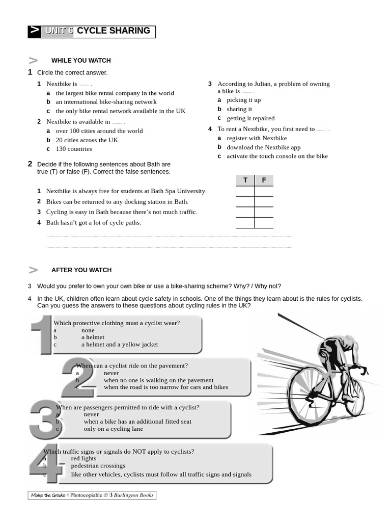 06MakeTheGrade1 VideoWorksheet6 CycleSharing | PDF | Traffic | Cycling ...
