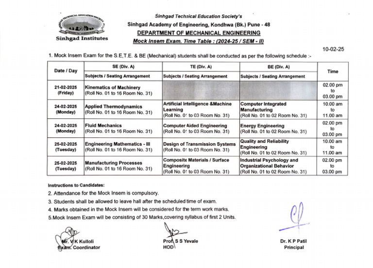 Mock Inm Exam Time Table 2024-25 Sem IIi | PDF