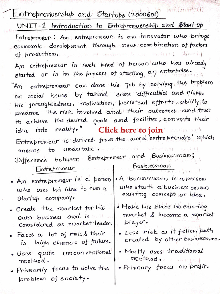 Entrepreneurship & Start-Ups 6th Semester (Common Subject) Handwritten ...