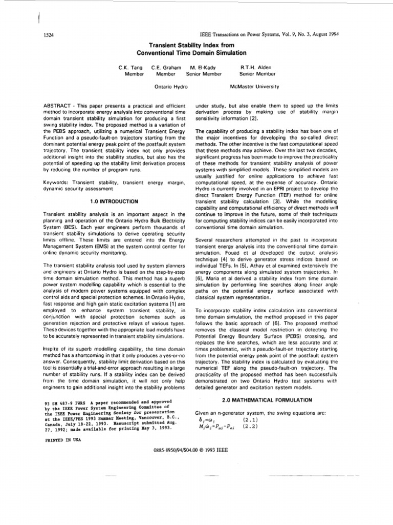Transient Stability Index From Conventional Time Domain Simulation | PDF | Equations | Simulation
