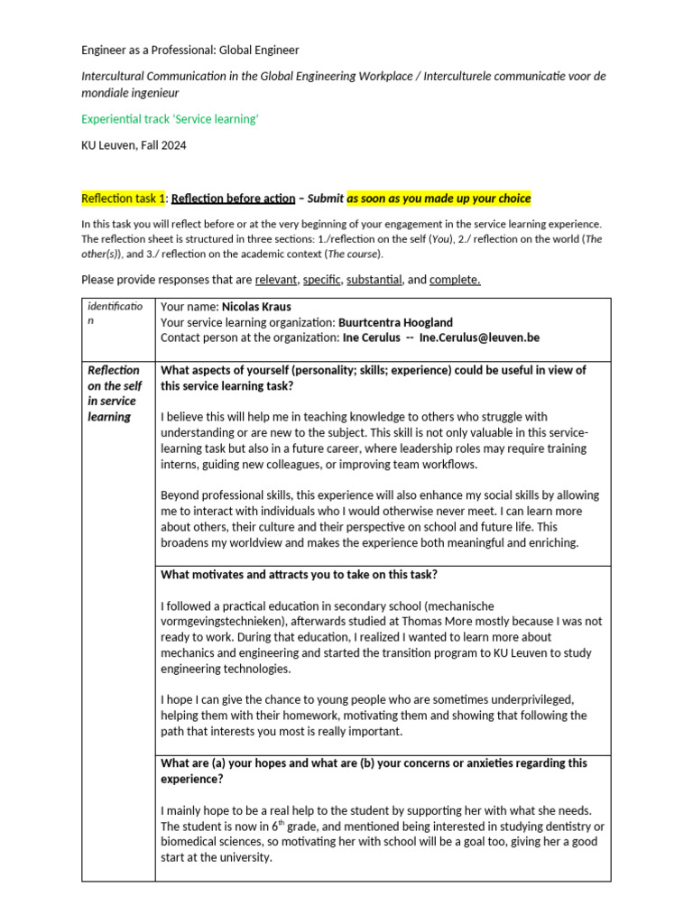 Reflection Before Action in Service Learning | PDF | Communication ...