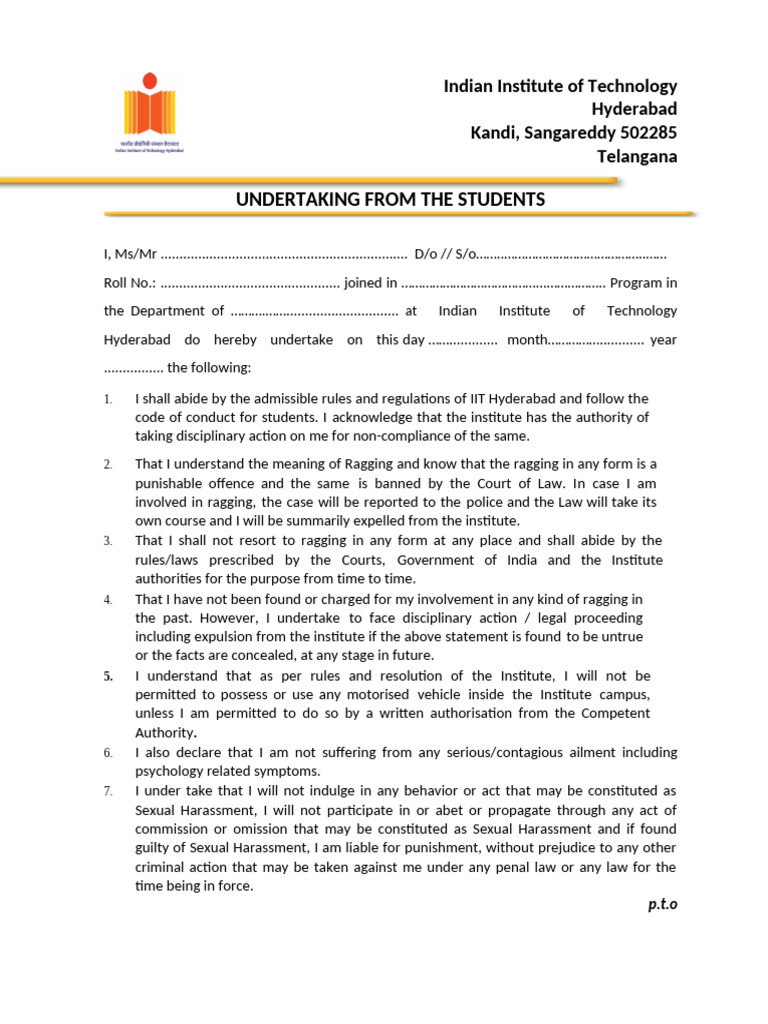 UG - Registration Forms - Undertaking From The Students | PDF | Sexual ...