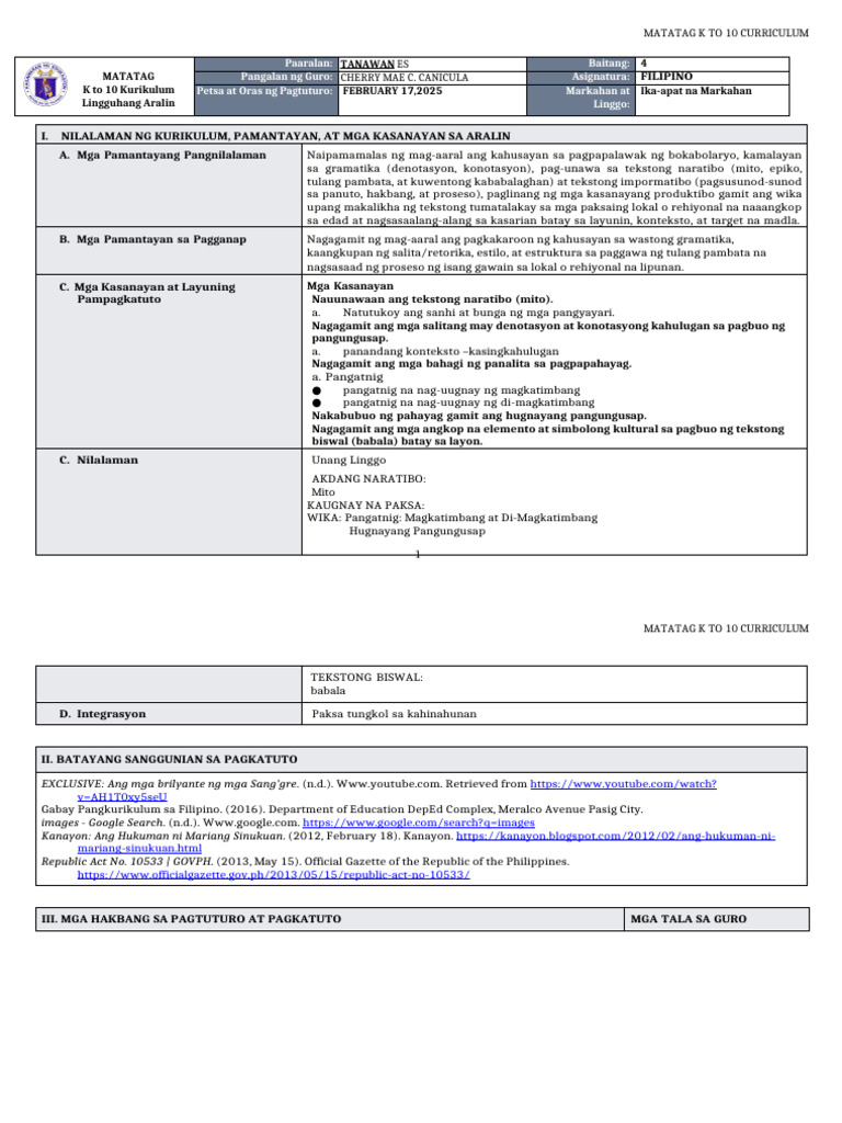 DLL Matatag - Filipino 4 Q4 W1 | PDF