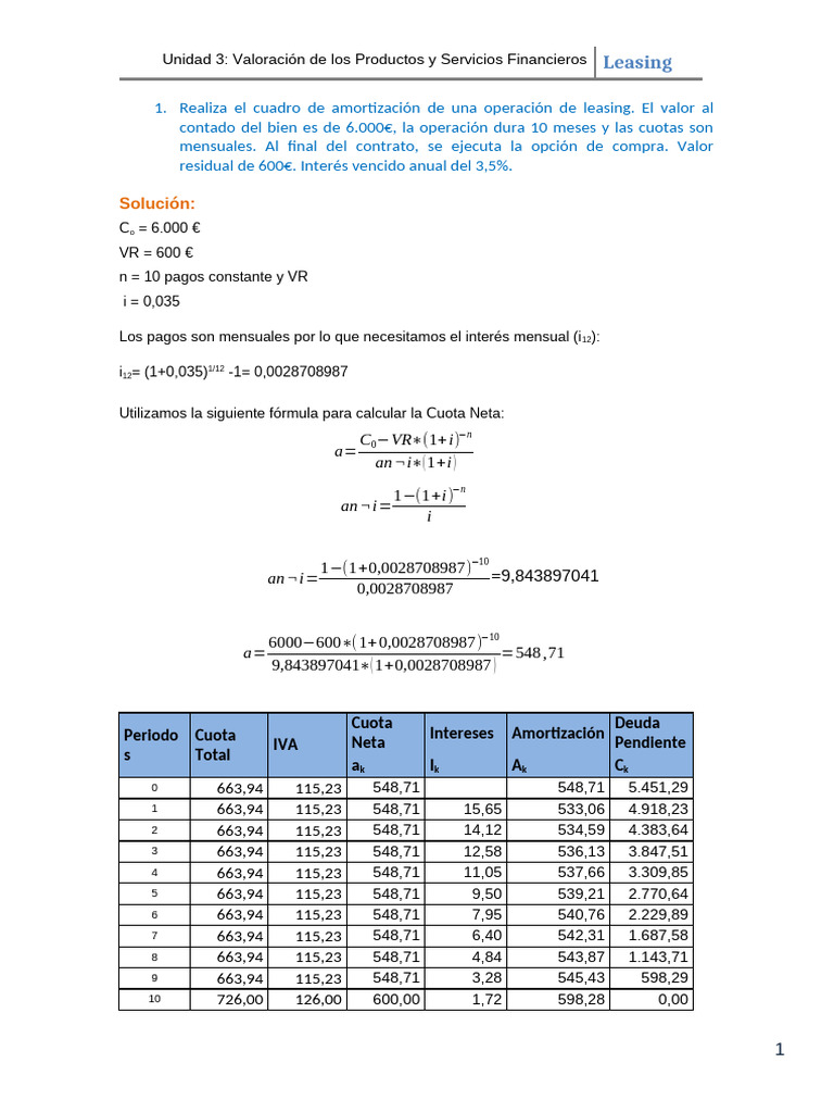 Ejercicio LEASING | PDF | Capital financiero | Alquiler