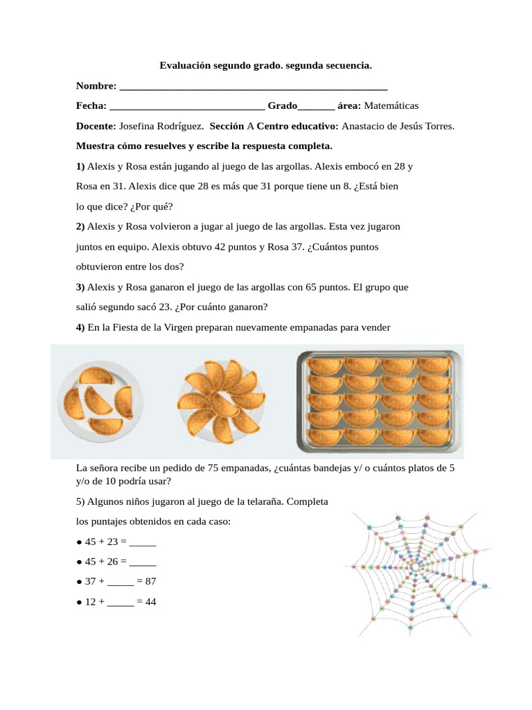 Evaluación de Matemáticas Segundo Grado | PDF