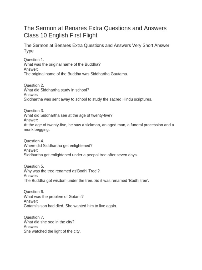 The Sermon at Benares Extra Questions and Answers Class 10 English ...